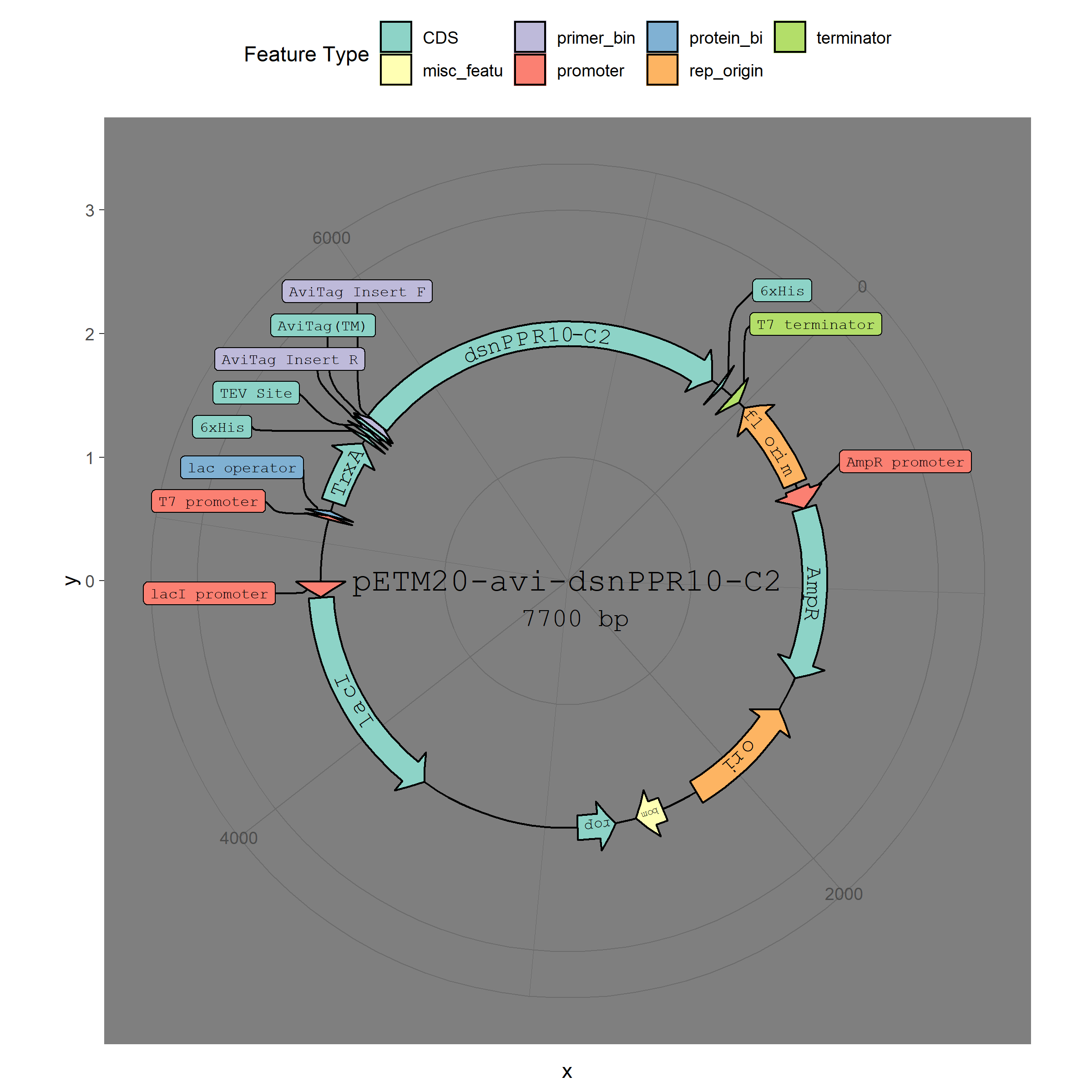 Render DNA plasmid Maps as {ggplot} Objects and Plots. • plasmapR